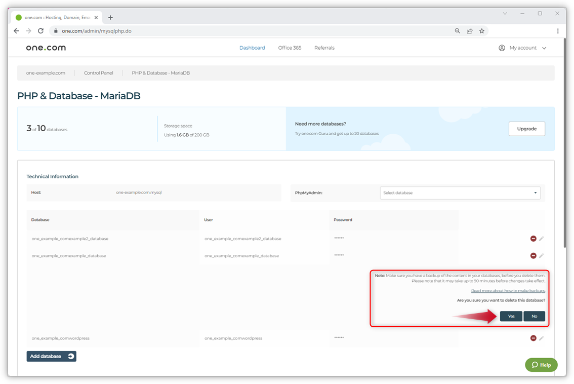How do I delete a database? – Support | one.com