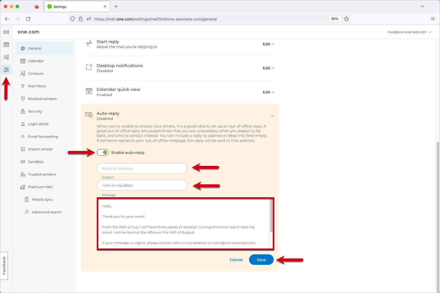 Set up an out-of-office message or auto-reply – Support | one.com