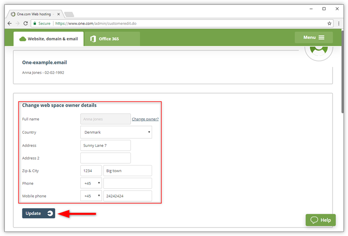 Change your address and phone details – Support | One.com