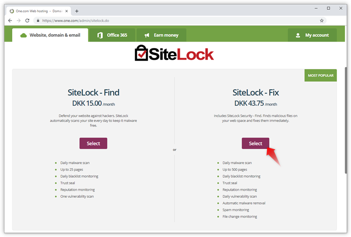 Opsæt SiteLock sikkerhed – Support | One.com