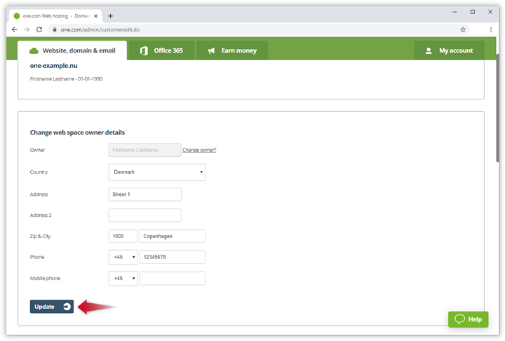 Change your address and phone details – Support | One.com