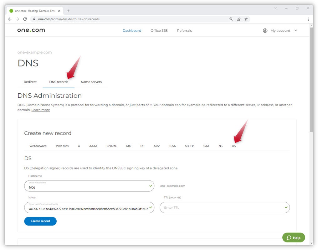 CAA-, DS-, and NS-records – Support | one.com